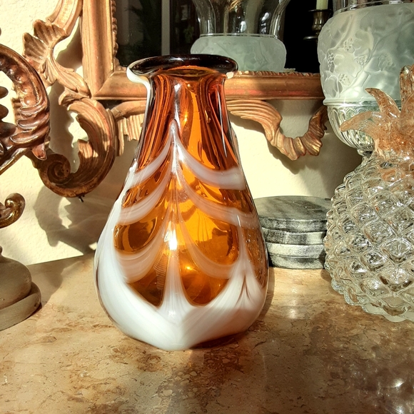 Unknown | Art | Heavy Blown Glass Mottled Heavy White Drip Over Amber ...